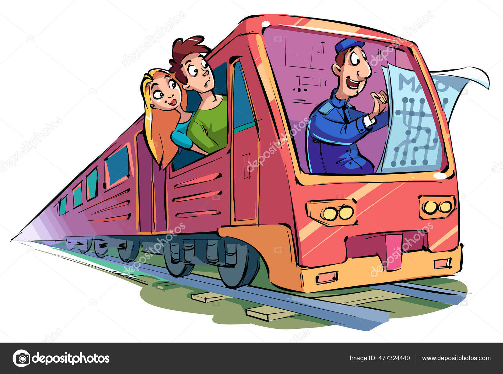 Funny Cartoon Train Driver Sits Cab Train Looks Map Train Stock Vector ...
