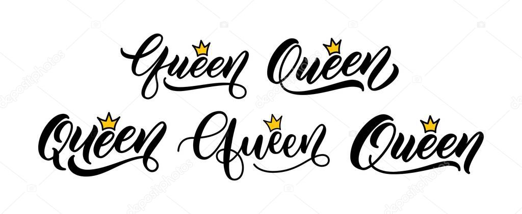 Conjunto de palabras de Reina con coronas. Diseño de letras a mano para ...