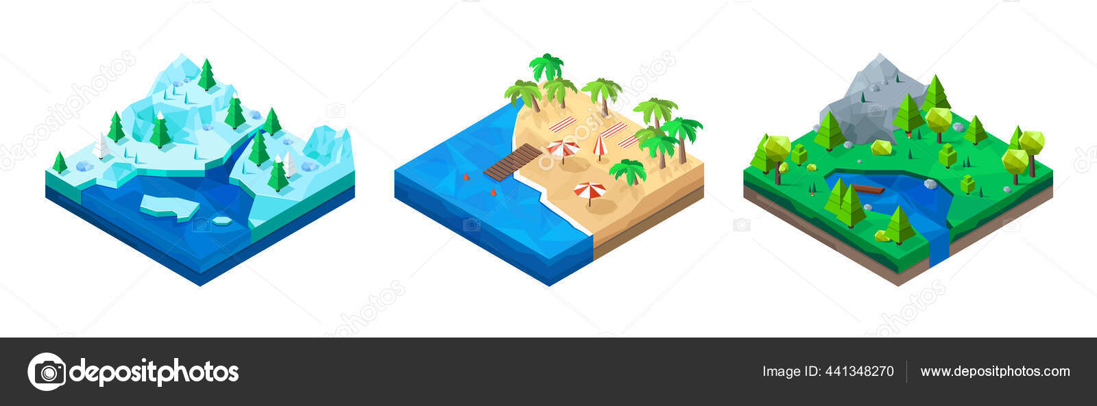 Set Isometric Low Poly Landscapes Isolated Illustration Stock Vector ...