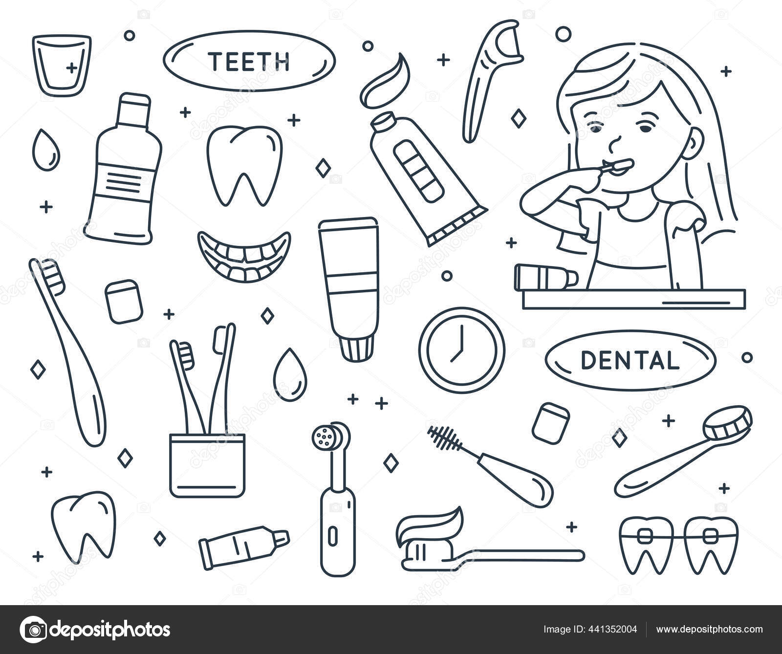 Children Dental Care Doodle Element Set Girl Brush Teeth Stock Vector ...