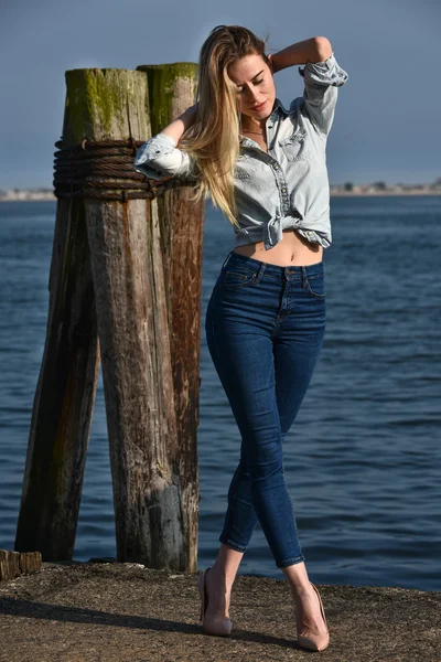 model in denim shirt and jeans - Stock Image - Everypixel
