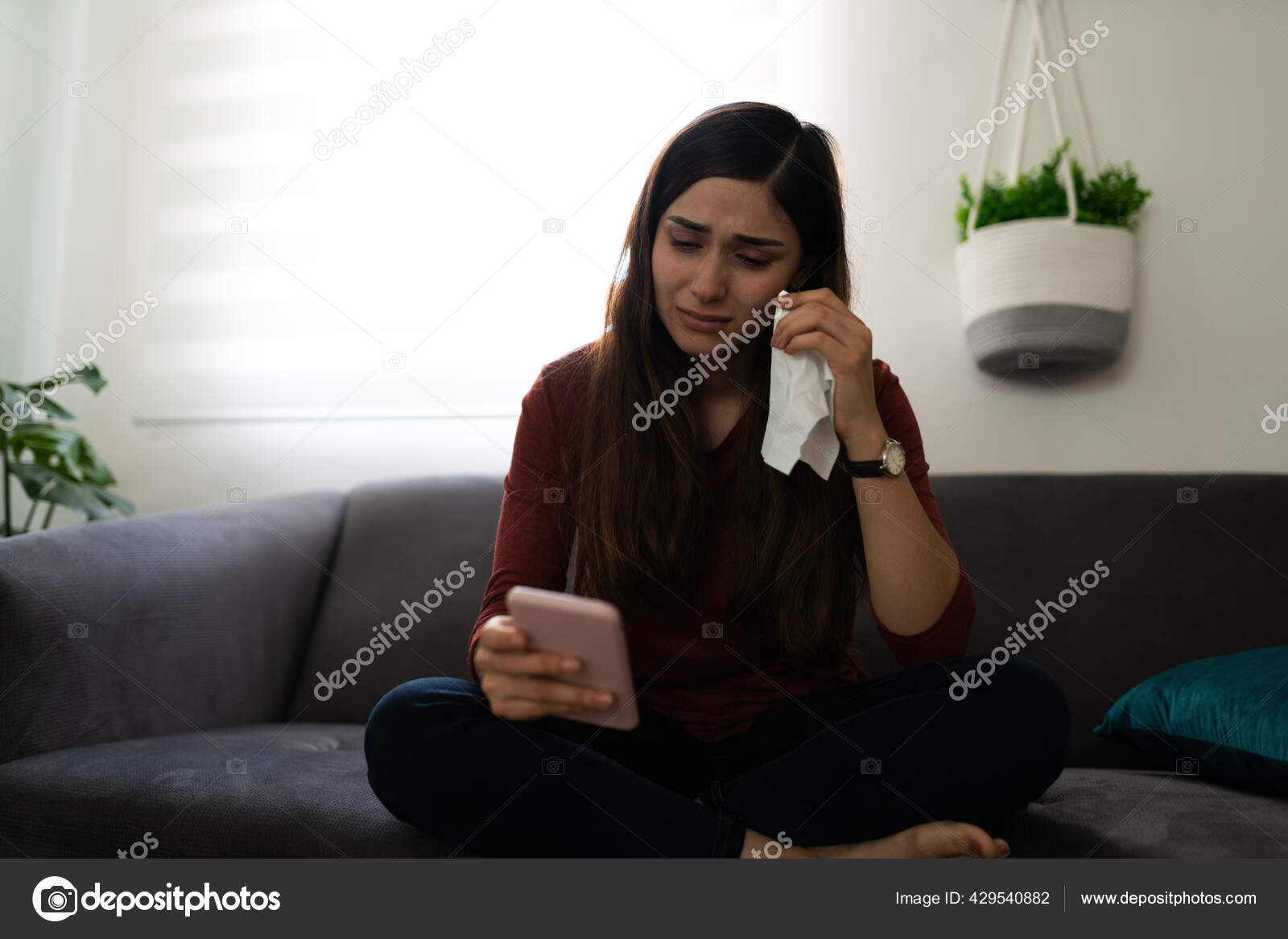 Heartbroken Young Woman Crying Wiping Her Tears Tissue Sad Hispanic