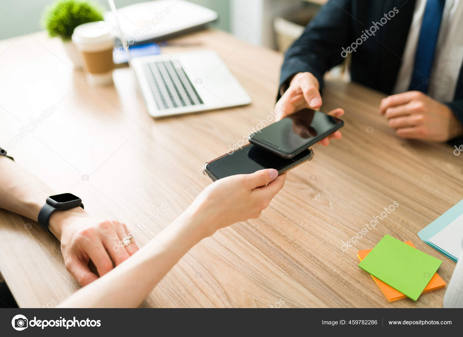 Professional Colleagues Exchanging Digital Business Cards Information ...