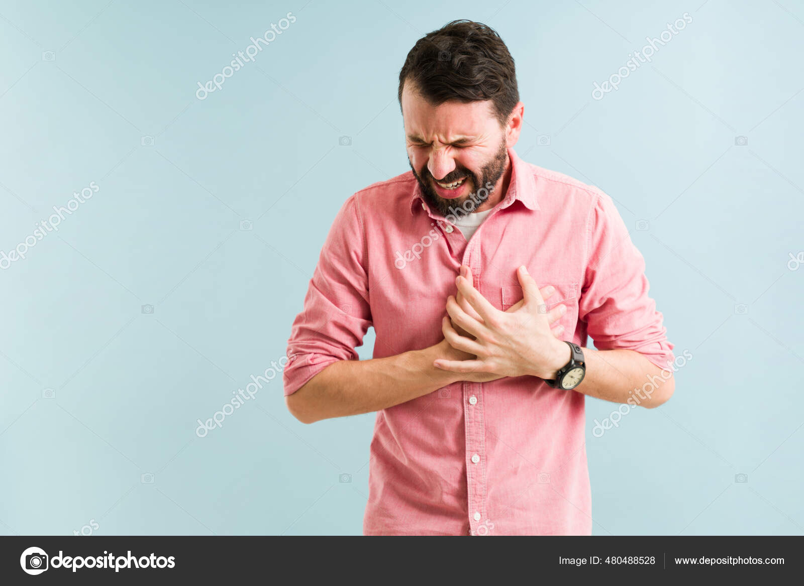 Hispanic Man His 30S Having Heart Attack Suffering Chest Pain — Stock ...