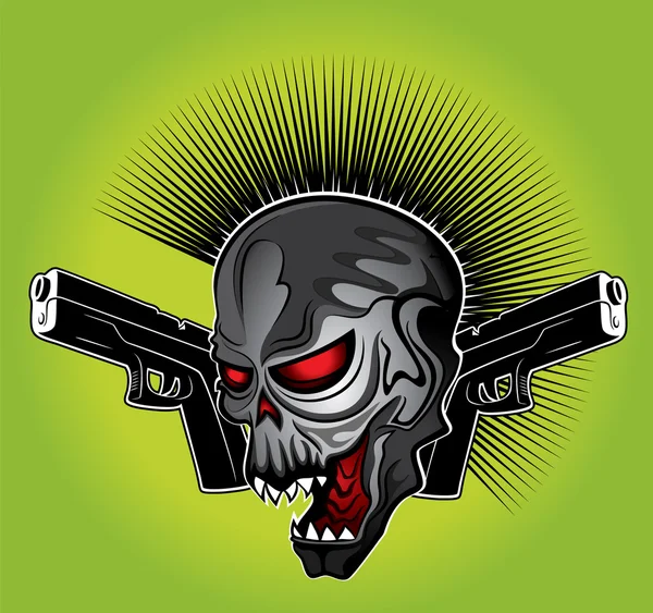 Smiling skull with guns and city landscape vector illustration Stock ...