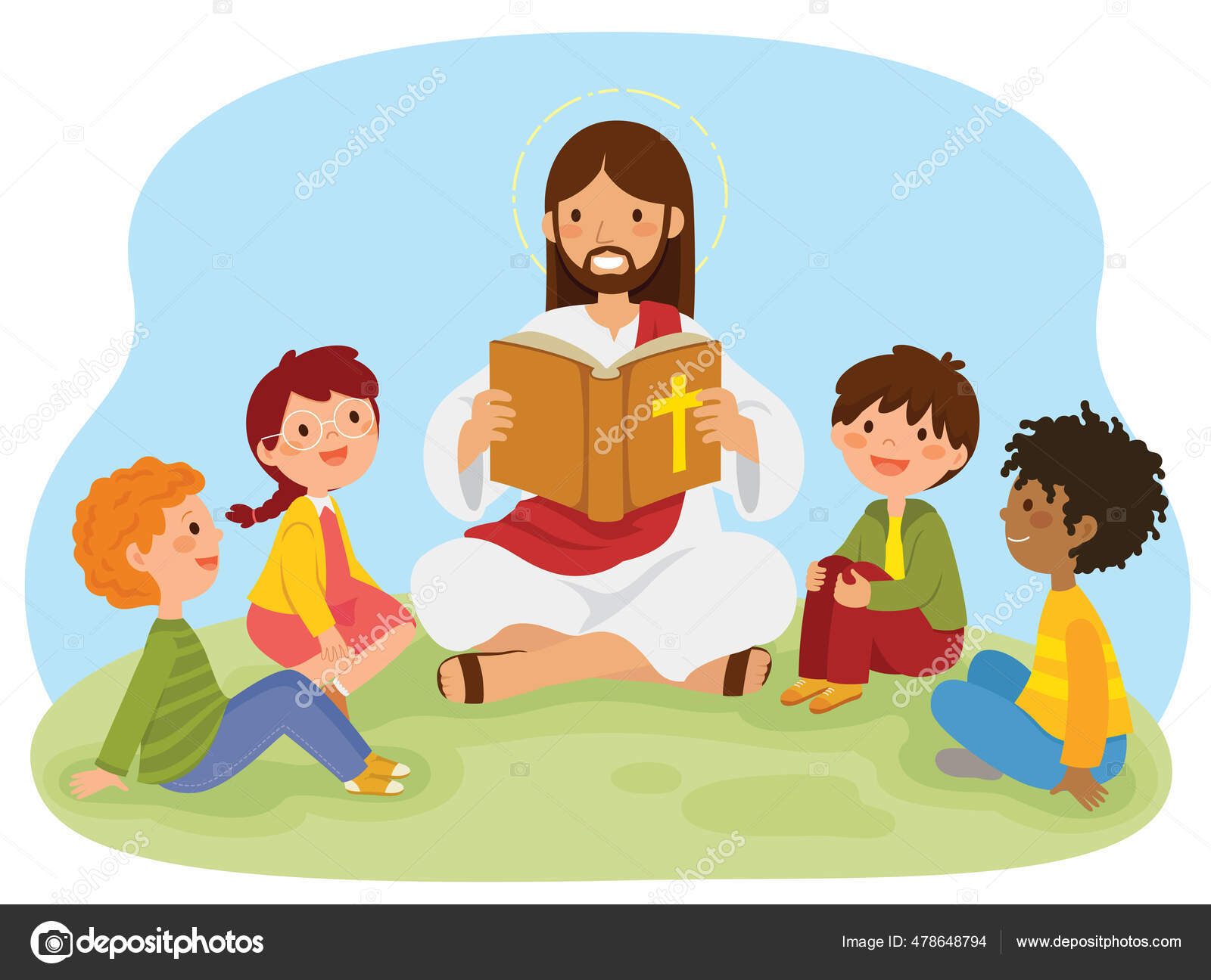 Jesus Christ Reading Bible Book Kids Sitting Grass Stock Vector by ...