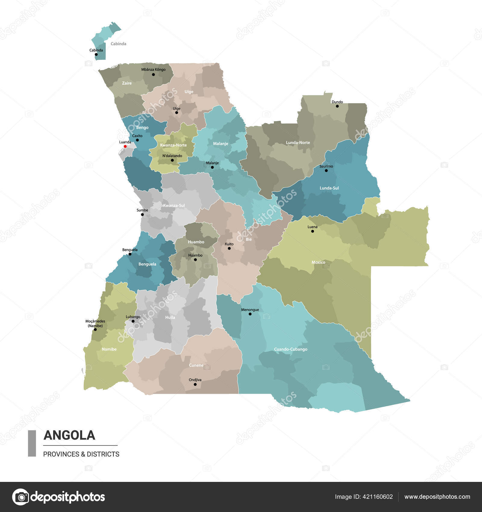 앙골라는 구획으로 이루어진 지도를 줍니다 구역과 이름을 앙골라의 구역에 색칠되어 스톡 벡터 - ©molokowall 421160602