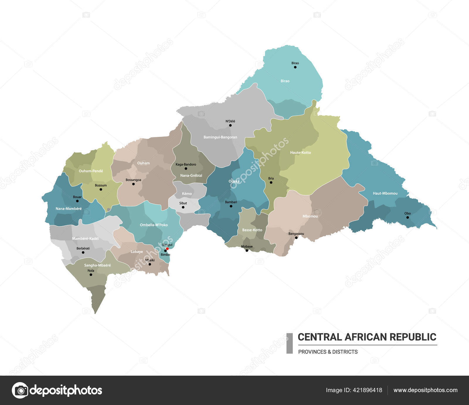 중앙아프리카 공화국은 세부적 지역별 지도를 가지고 있습니다 아프리카 공화국의 지도는 스톡 벡터 - ©molokowall 421896418