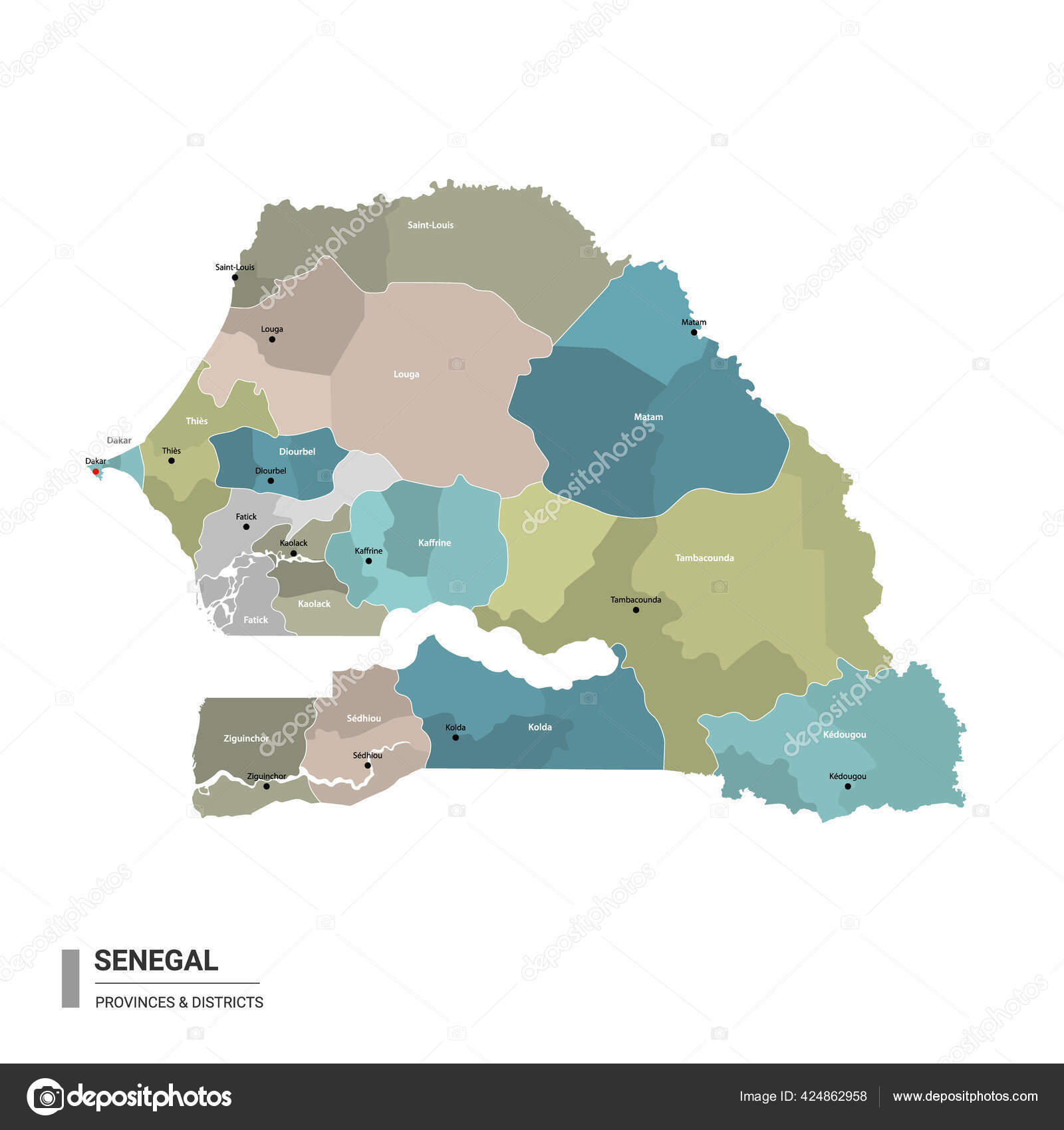 세네갈은 지도와 지도를 줍니다 구역에 이름을 세네갈의 가능하고 라벨이 층으로 스톡 벡터 - ©molokowall 424862958