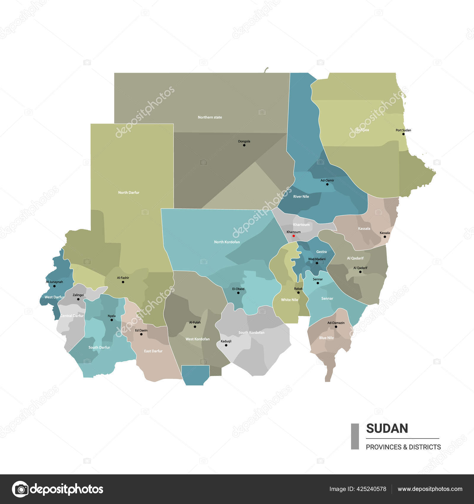 Sudan Higt Detailed Map Subdivisions Administrative Map Sudan Districts Cities Stock Vector by ...