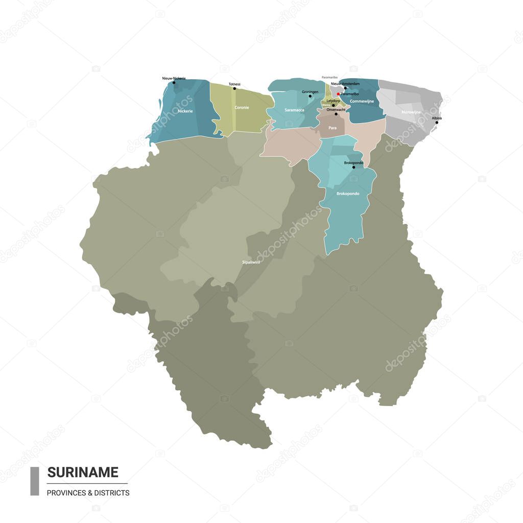 Surinam higt mapa detallado con subdivisiones. Mapa administrativo de ...