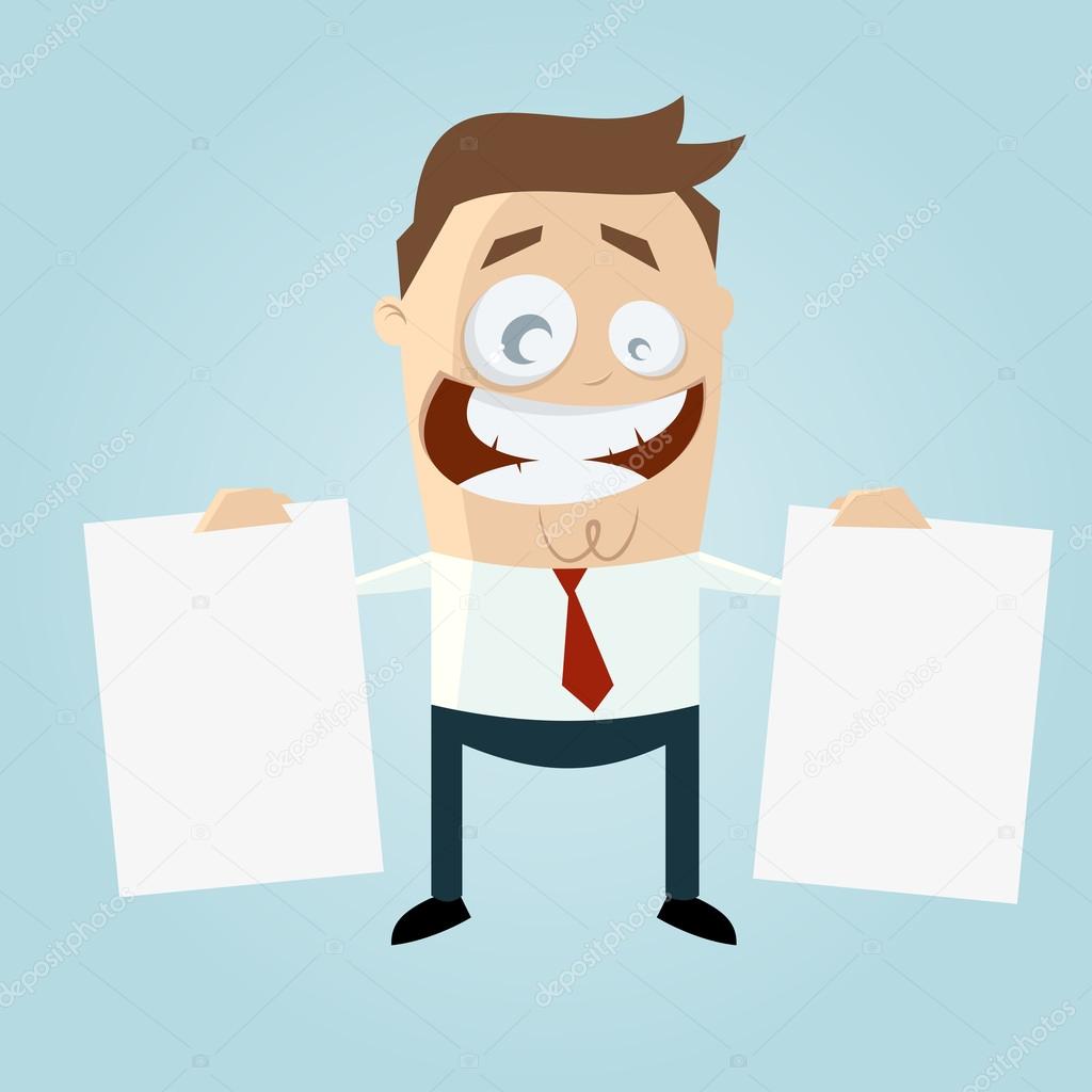 Divertido hombre de negocios comparando dos hojas Vector de stock por ...
