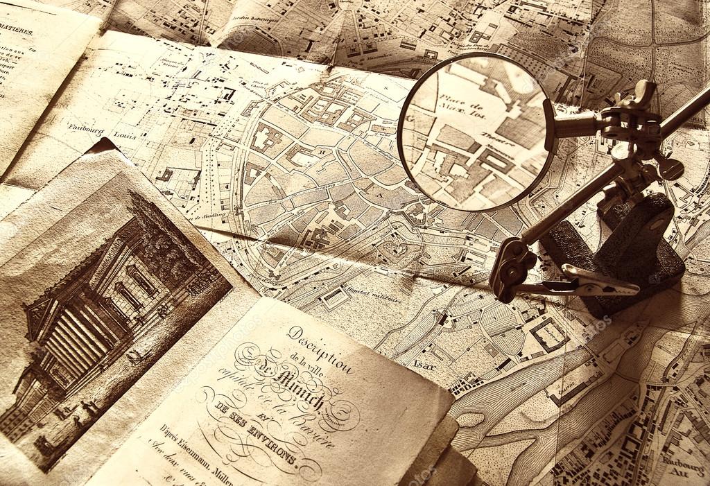 Old map and lens, vintage still life in sepia Stock Photo by ...