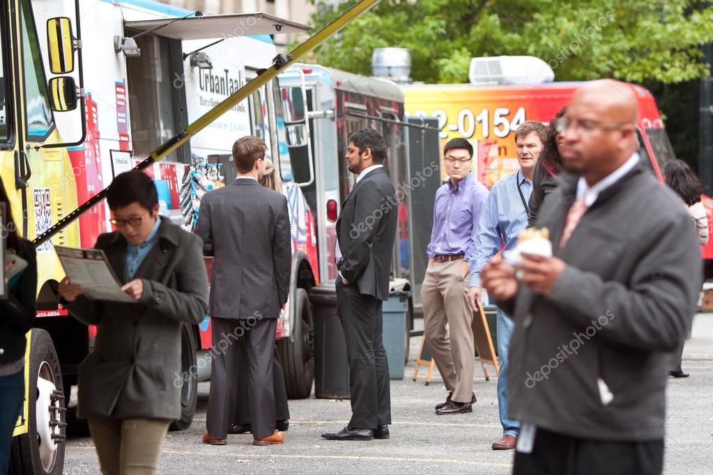 People Wait In Line To Order Meals From Food Trucks – Stock Editorial ...