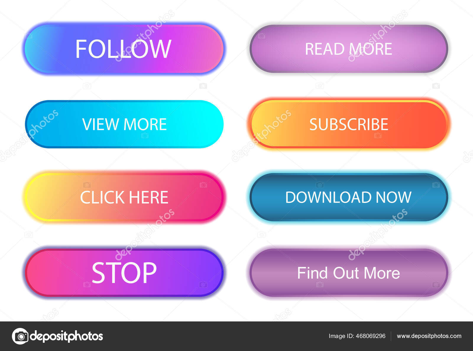 버튼 Ui Ux Web 디자인 세트 그림자가 있는 유행하는 곡선 추종하고 구독하고 다운로드하고 더 읽고 여기를 클릭하고 다른 Ui 버튼을 클릭합니다 디자인 앱