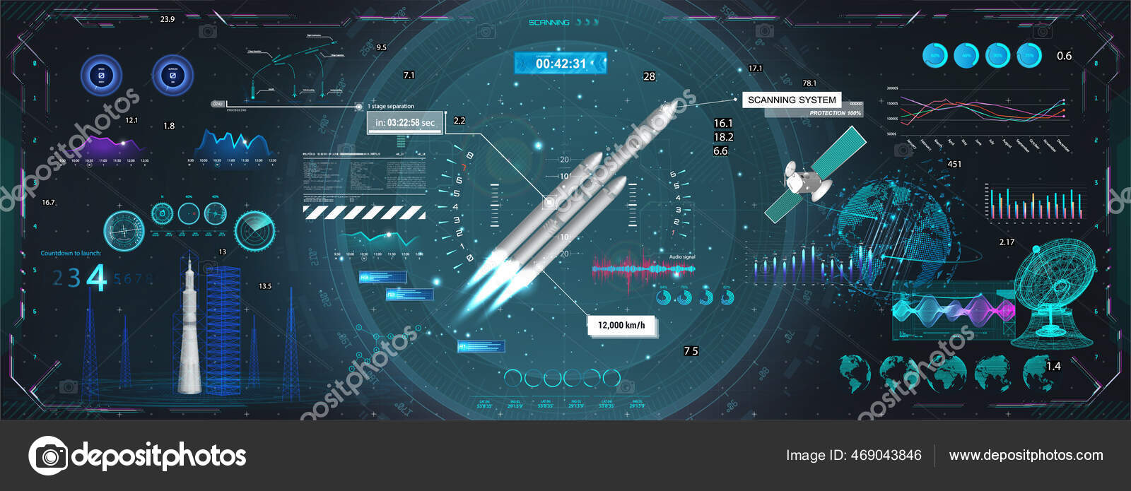 Rocket launch and flight, dashboard, HUD style control center. Set of ...