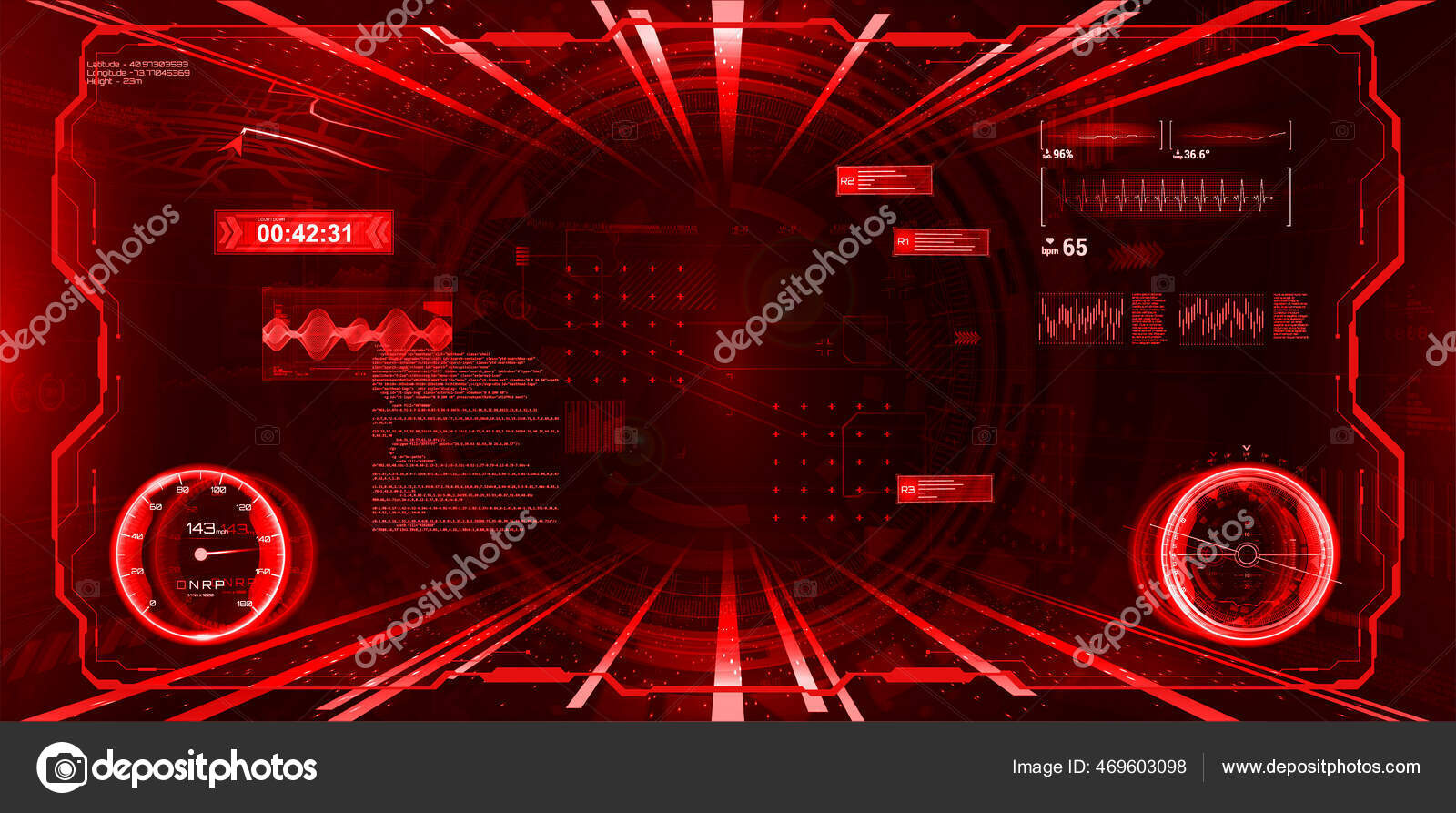 RED VR cockpit with HUD interface and virtual cyberspace. Virtual ...