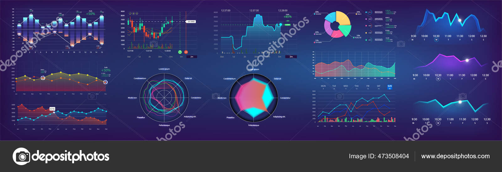 Futuristic UI dashboard template with user interface, graphic ...