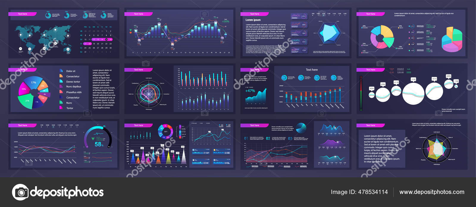 Infographic dashboard mockups with pie charts, information, diagrams ...