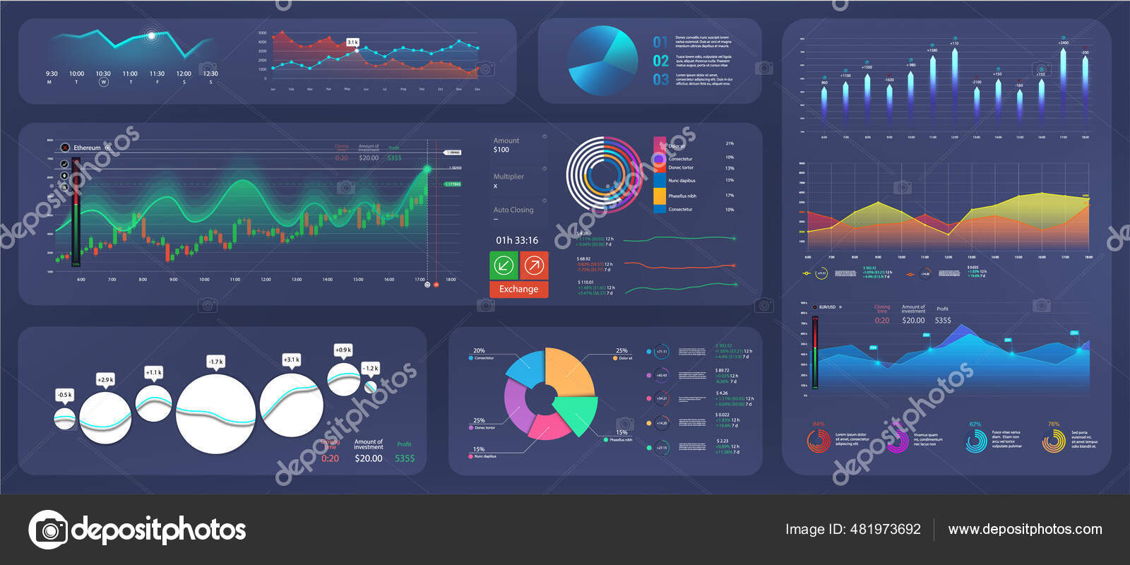 UI future collection. Colorful dashboard with infographics, diagrams ...