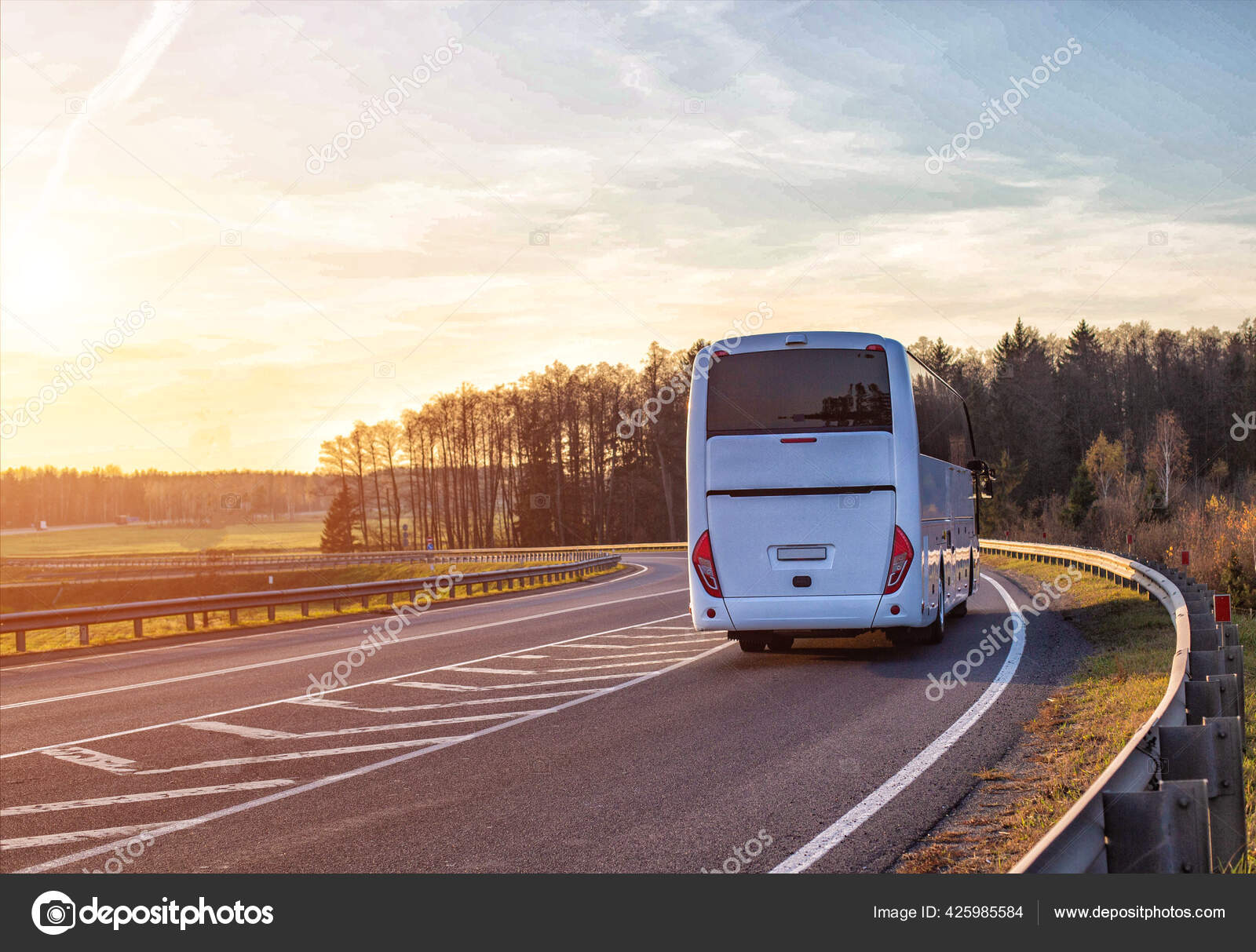 Passenger Bus Travels Highway Backdrop Forest Sunset Sky Passenger ...