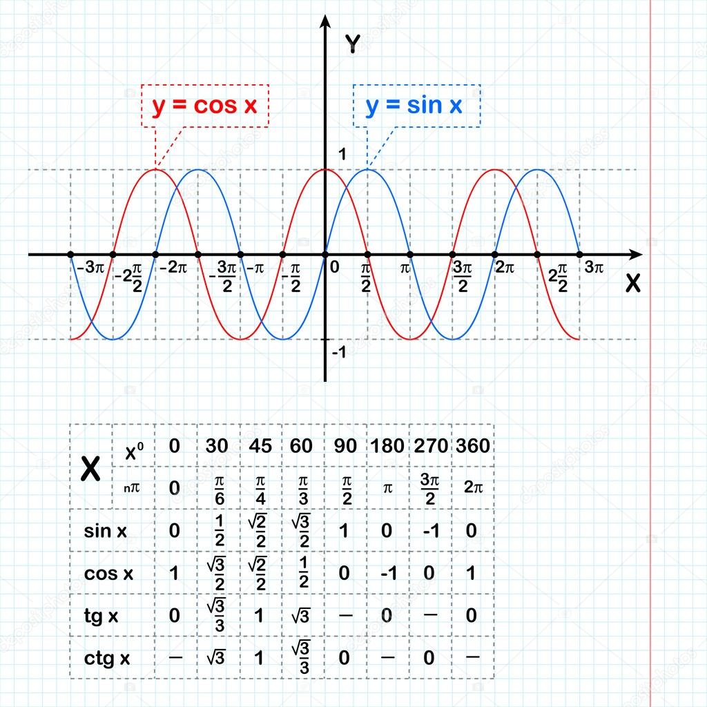 Funciones de seno y coseno en la hoja del cuaderno — Vector de stock ...