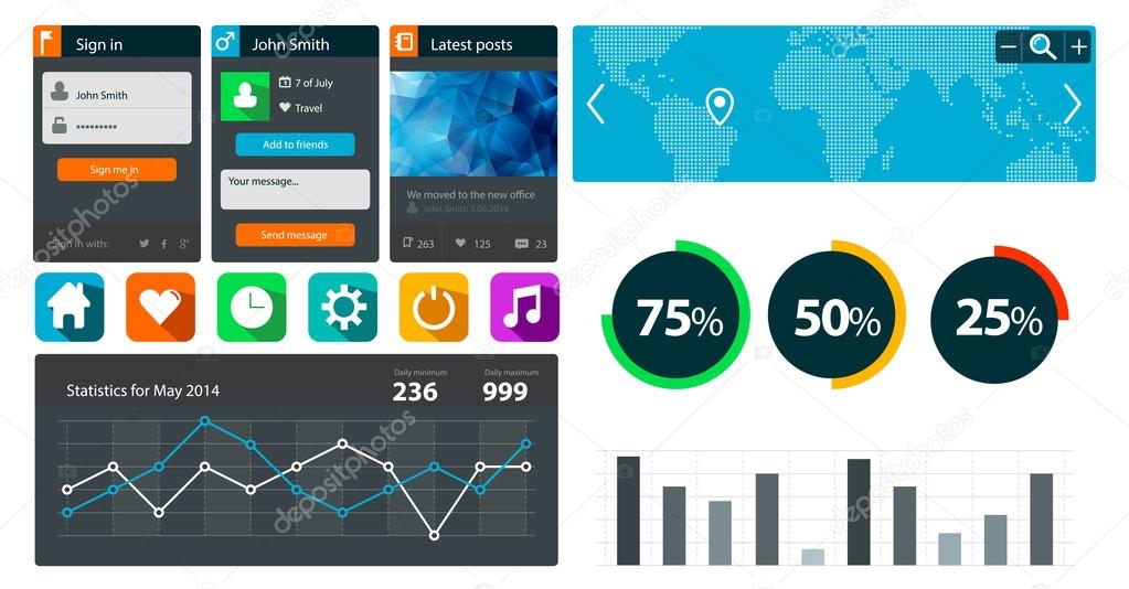 Set of flat web and user interface UI elements, icons and buttons for ...