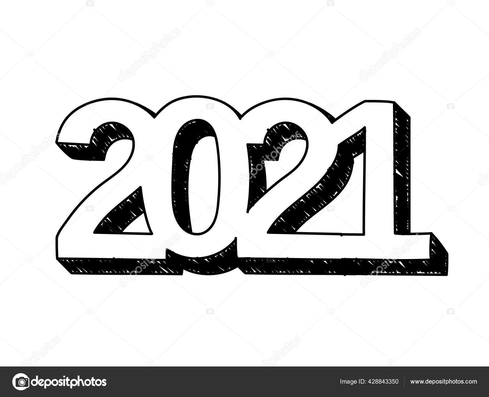 2021 Year Hand Drawn Symbol Vector Illustration 2021 Number Retro Stock ...