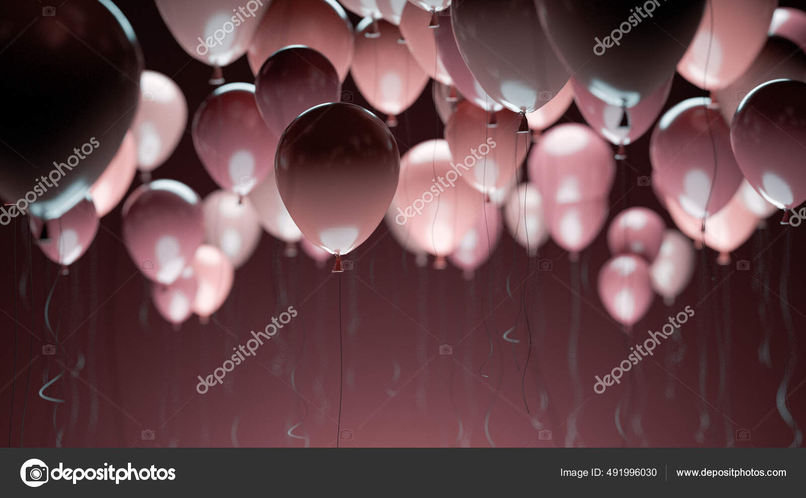 Batch Of Balloons Under Ceiling on Burgundy Background. Empty Space ...