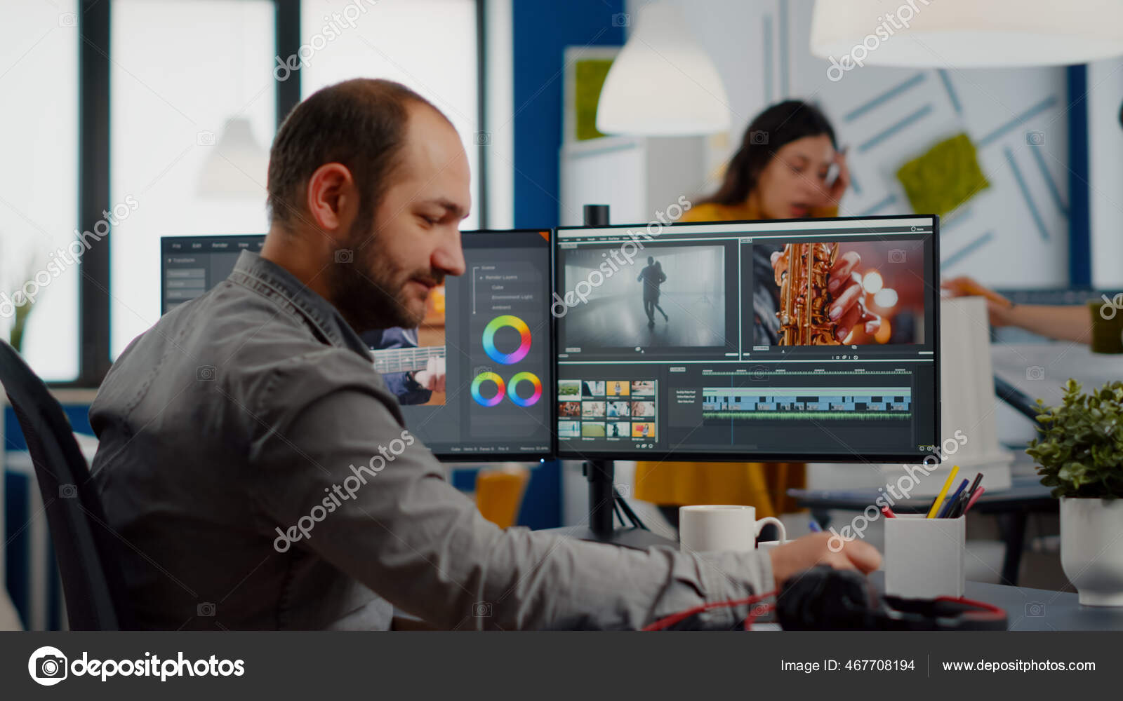 Video maker editing movie using post production software — Stock Photo ...