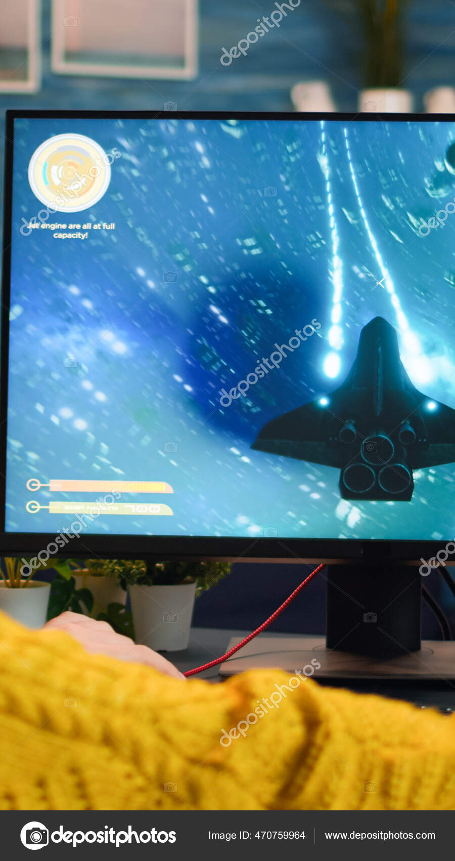 Gamer trying to relax playing space shooter online videogame — Stock ...