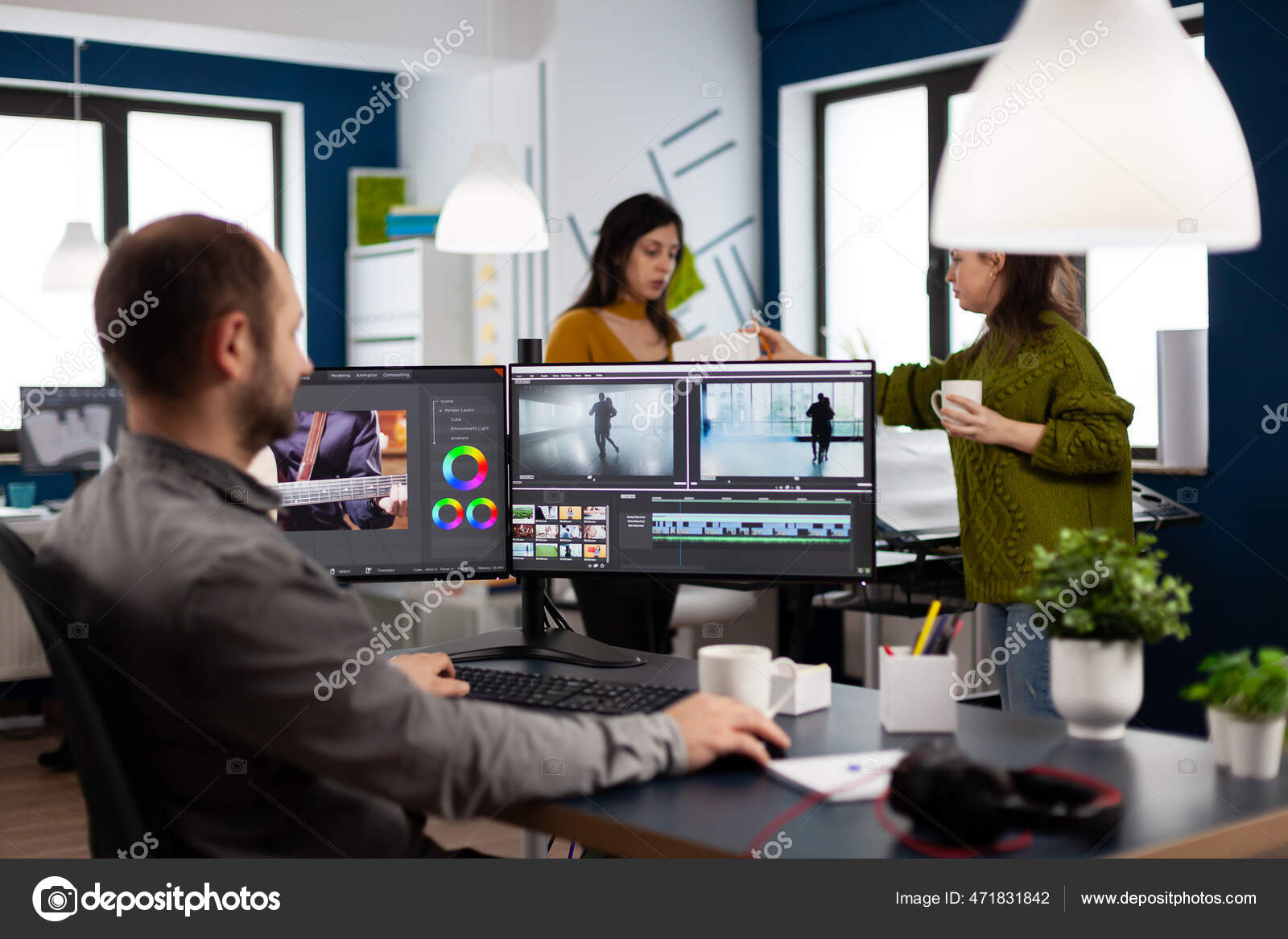 Video maker editing movie using post production software — Stock Photo ...