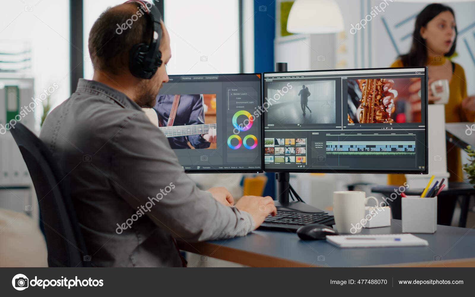 Videographer putting on headset editing video project — Stock Photo ...