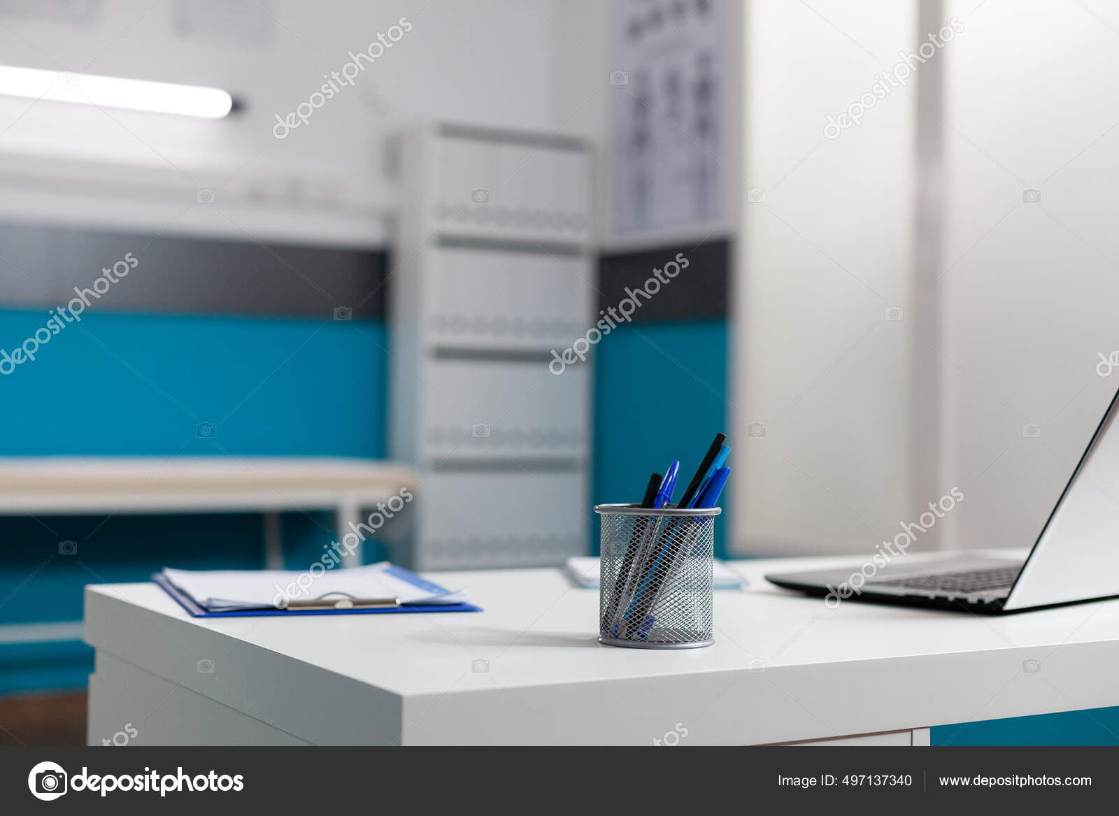 Close up of white desk in empty doctors office at clinic — Stock Photo ...