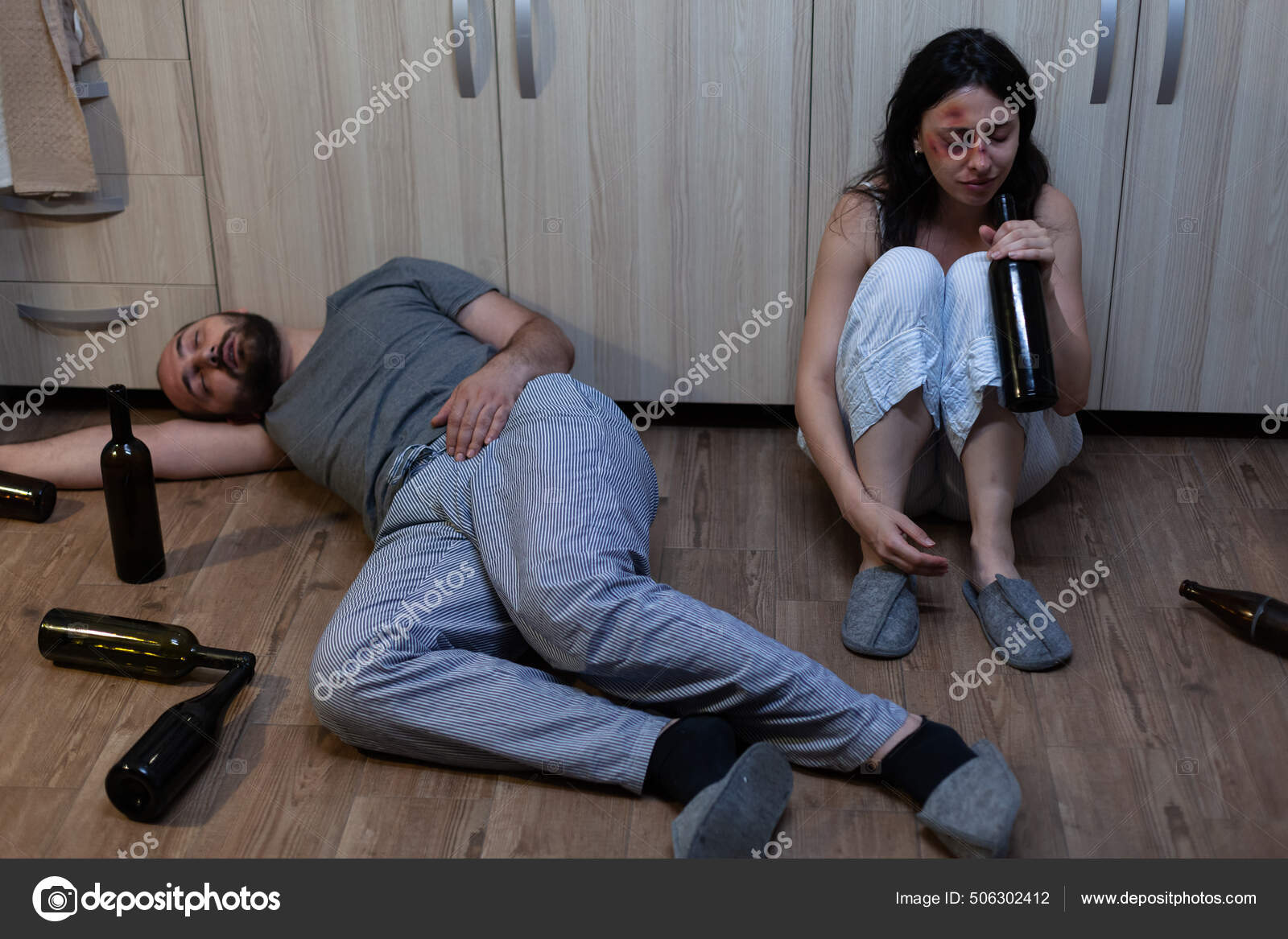 Abused terrified woman with addiction crying on floor — Stock Photo ...