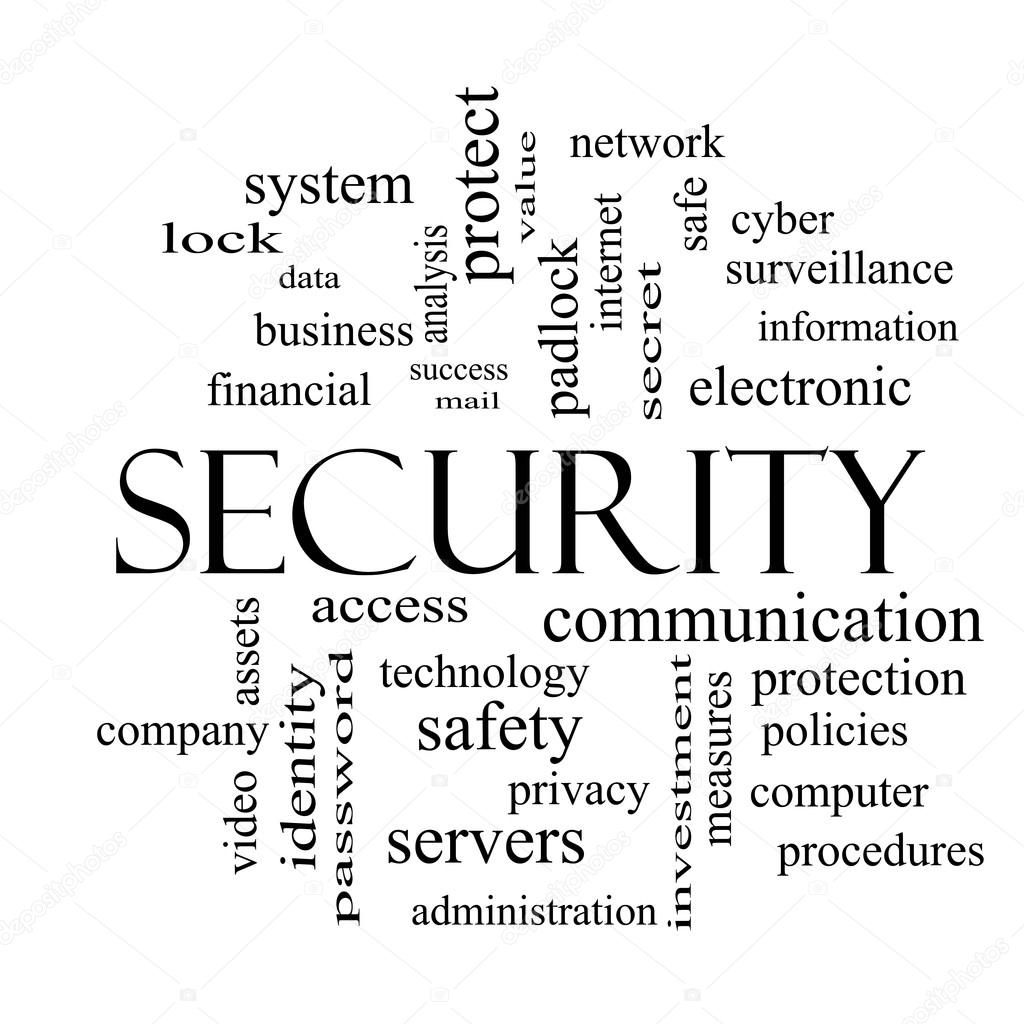 Concepto de nube de palabras de seguridad en blanco y negro 2023