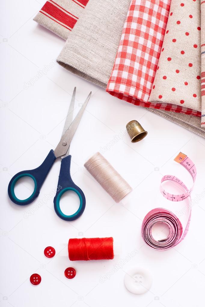 Fabric decoration stacked and accessories for needlework Stock Photo by ...