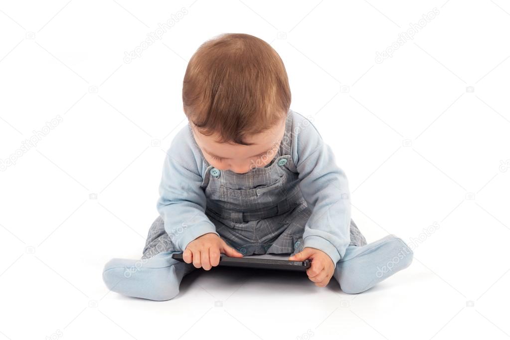 Adorable Geek Baby Playing Tablet Isolated White Backround — Stock ...