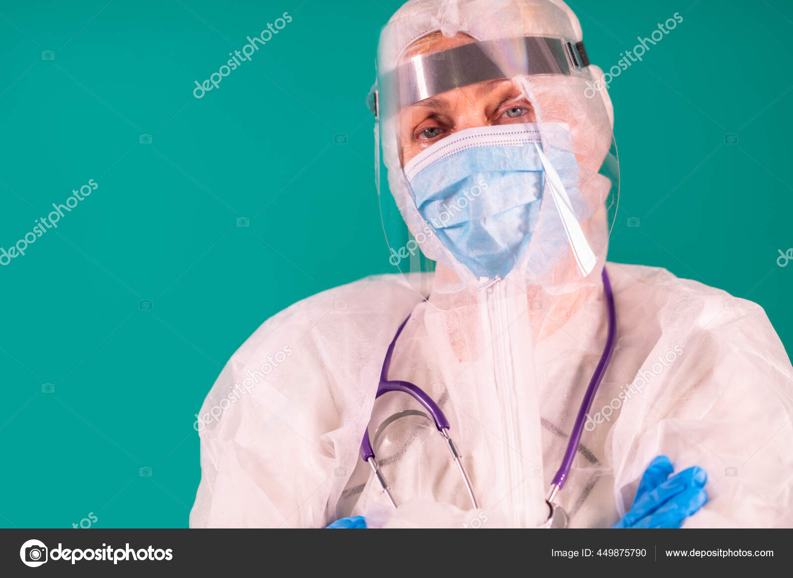 Doctor Face Shield Ppe Suit Uniform Stethoscope Shoulder Standing Arms ...