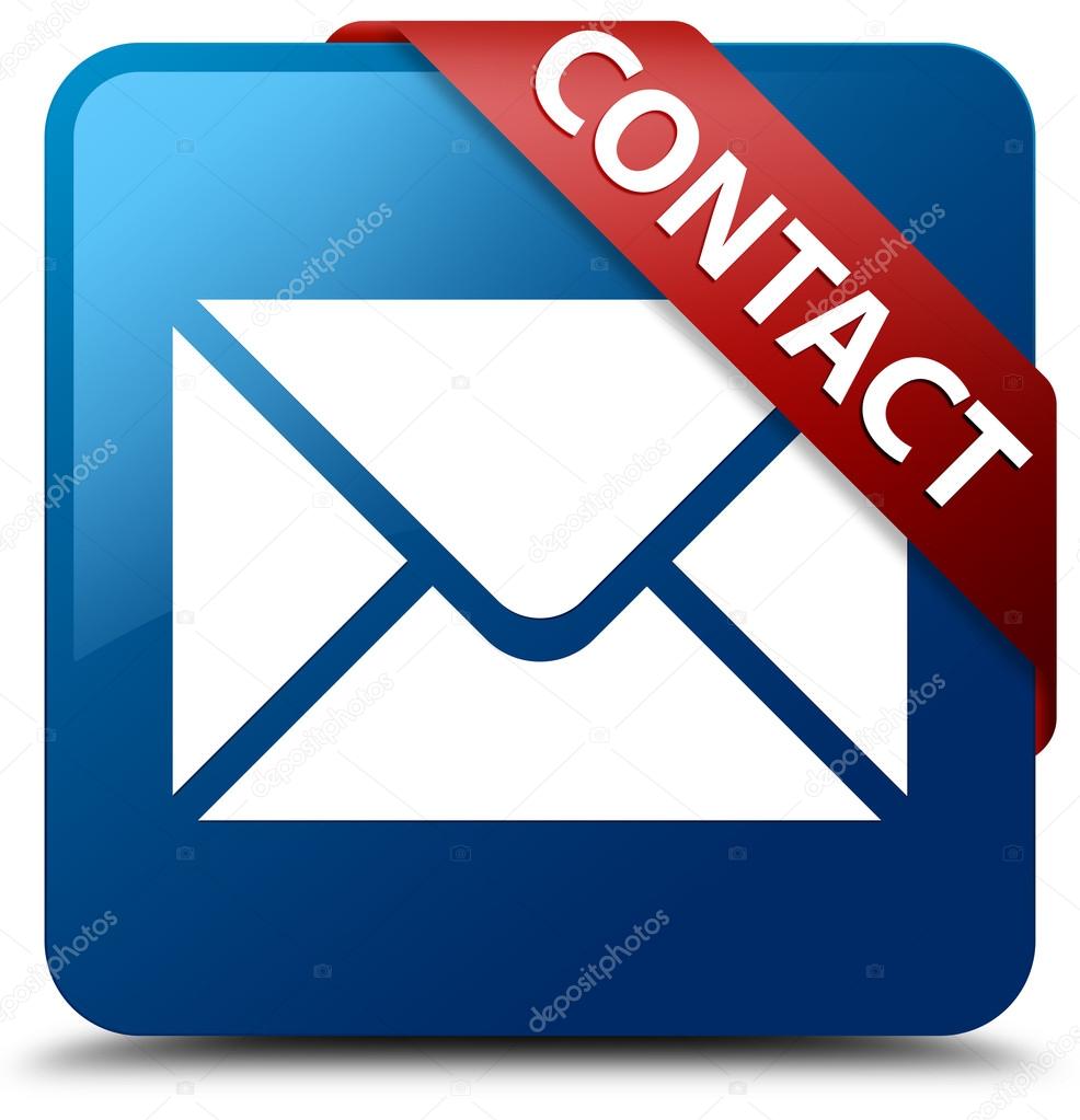 Contact (Email icon) glassy red ribbon on glossy blue square button ...