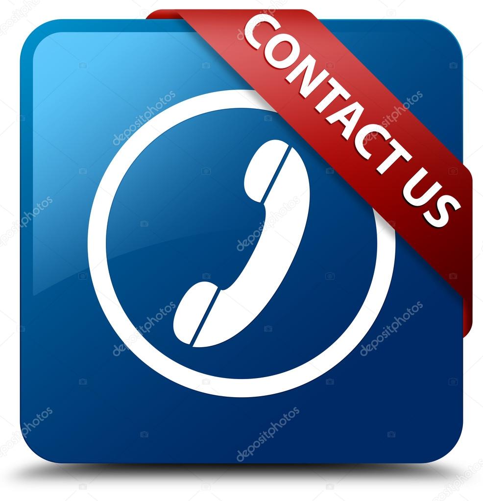 Contact us (phone icon) glassy red ribbon glossy blue square button ...