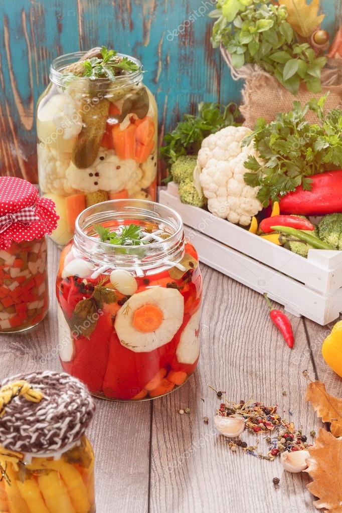 Assorted mixed vegetables in preserving jars Stock Photo by ©Slast 87252910