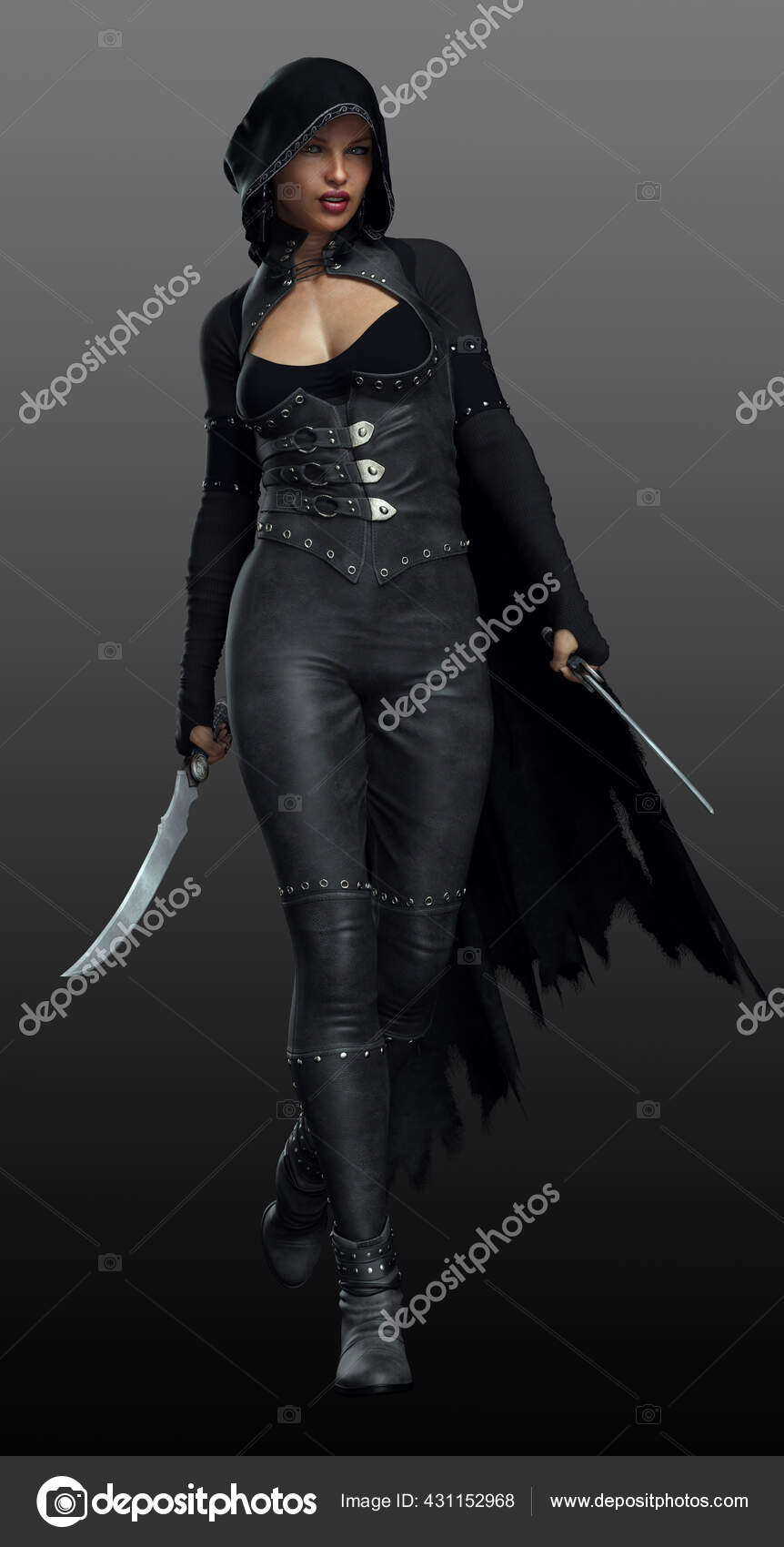 Fantasy Goth Assassin Black Leather Hooded Cloak Blades Stock Photo by ...