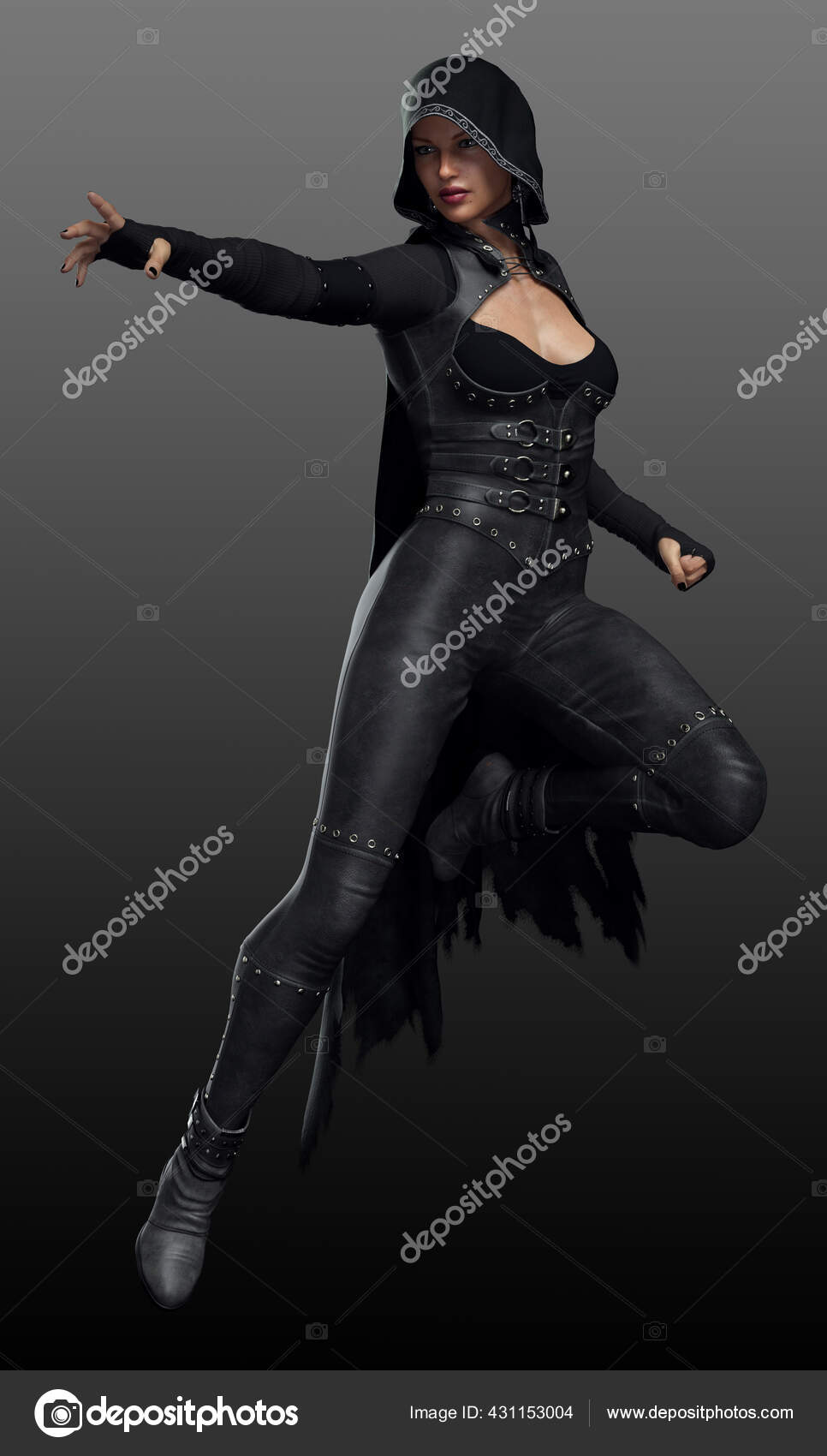 Fantasy Goth Assassin Black Leather Hooded Cloak Blades — Stock Photo ...