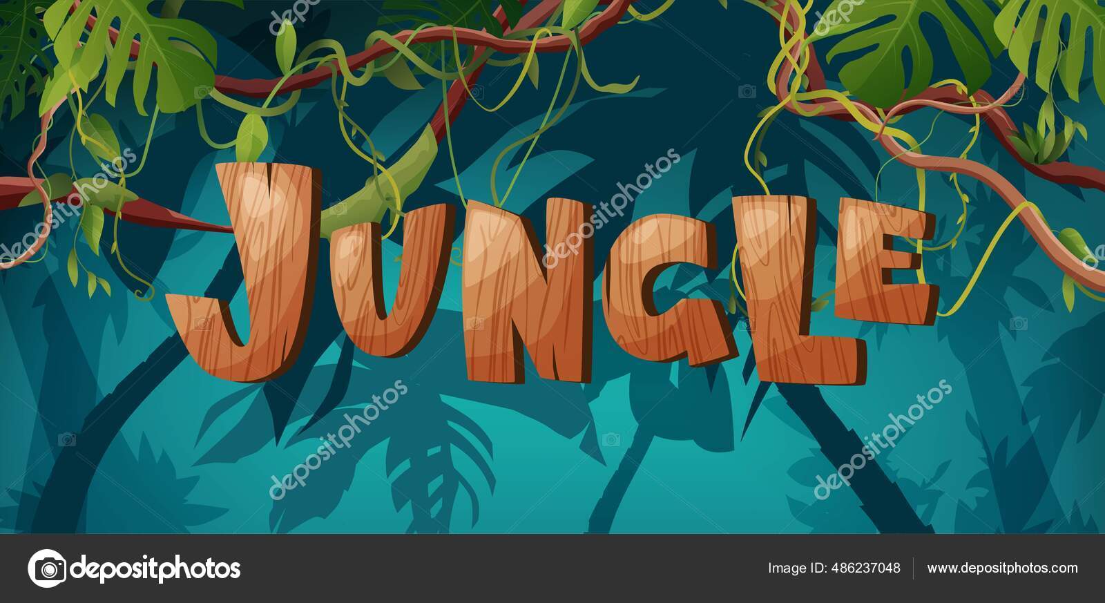 Jungle hand lettering wooden text. Textured cartoon letters. Liana or ...