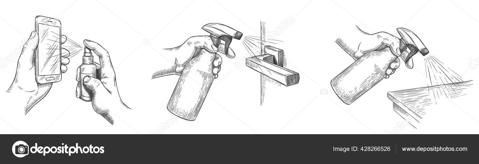 Surface cleaning sketch. Disinfect house surfaces and door handle with ...