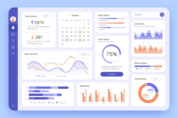 Mobile charts UI. Phone screen with dashboard analytics, diagrams and ...