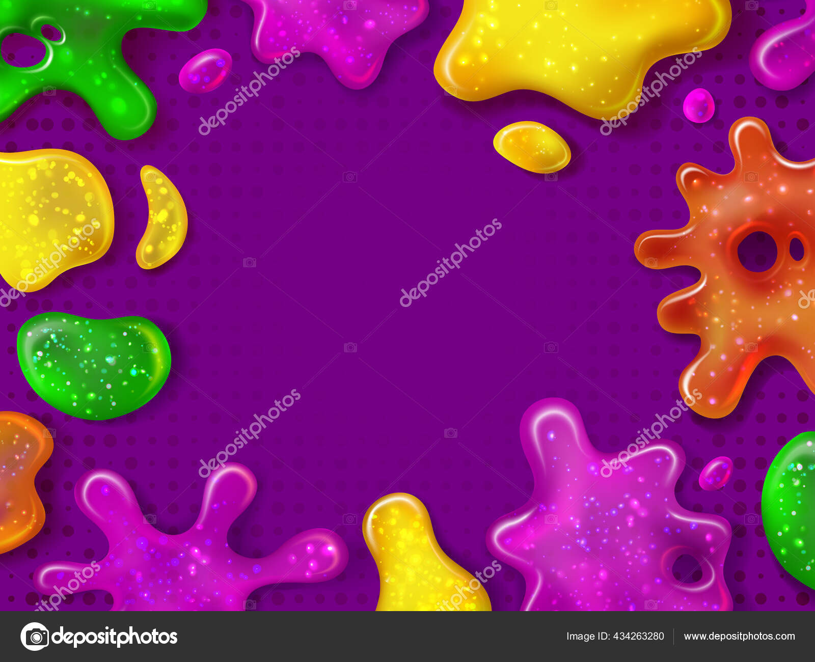 Glitter slime. Glossy goo splashes and sticky slimes blotches. Dripping ...