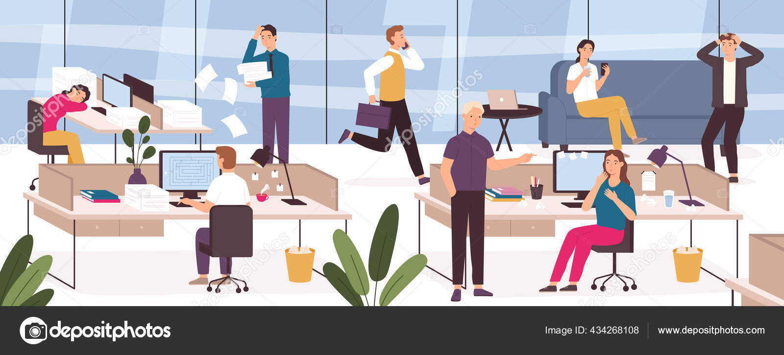 Chaos in office. Work place with stressed, lazy, sleeping or panicing ...