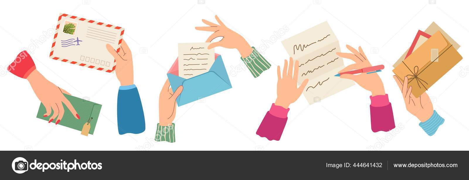 Hands sending letter. Female hand holding envelopes with stamps, write ...